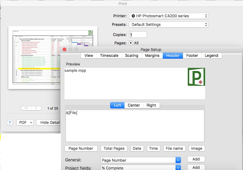 Print dialog in Project Plan 365 for Mac – Project Plan 365
