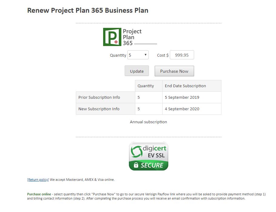 Renew Business Subscription – Project Plan 365