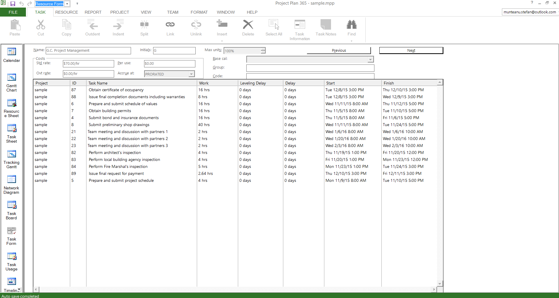 Resource Form – Project Plan 365