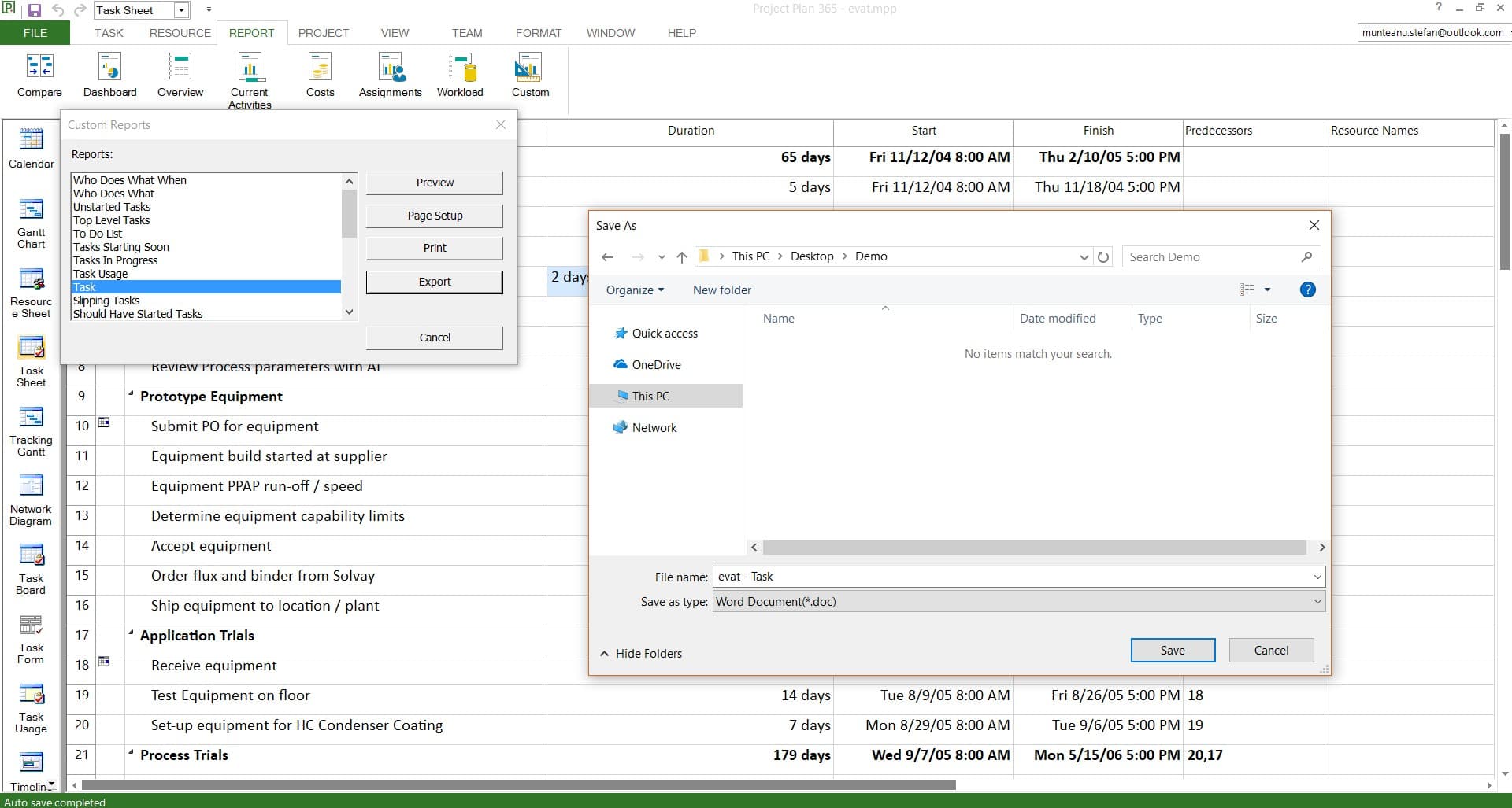 Export to Word – Project Plan 365