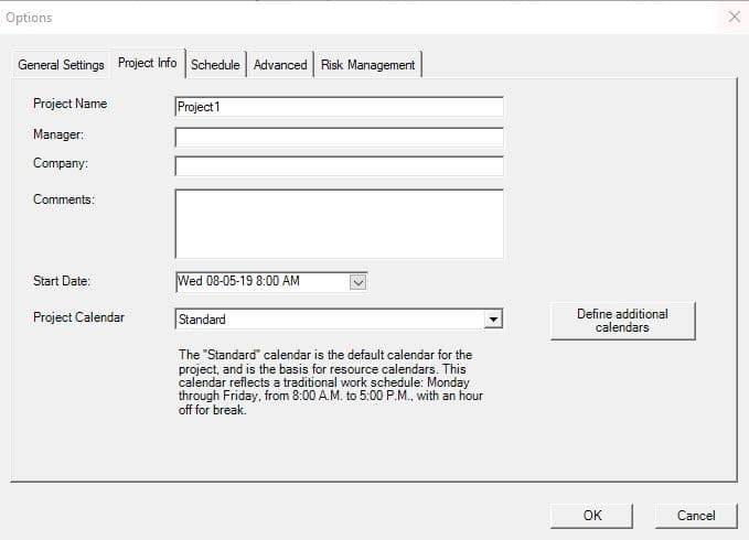 Options dialog – Project Plan 365