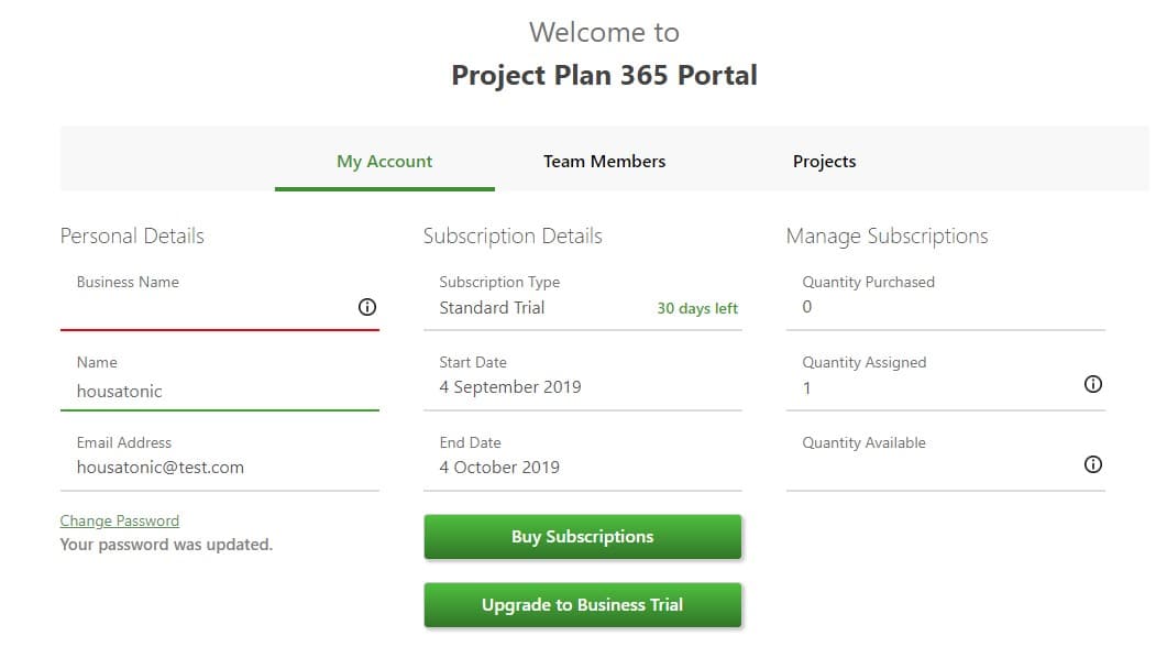 Change Password – Project Plan 365