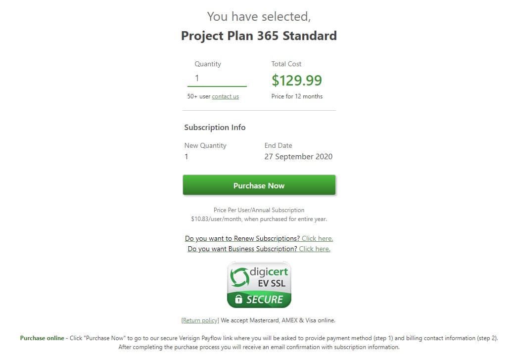 Purchase Standard Subscription – Project Plan 365