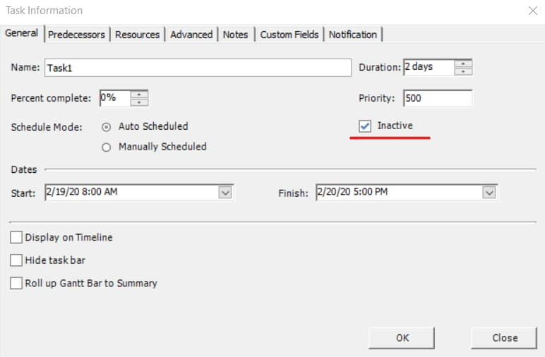 Inactive task – Project Plan 365