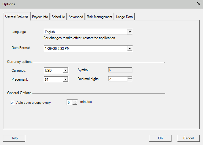 Options dialog – Project Plan 365