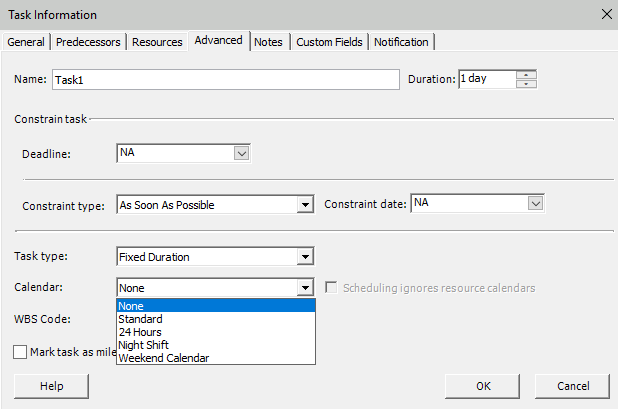 Set a calendar to a task – Project Plan 365