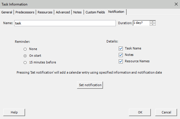 Task Information – Project Plan 365