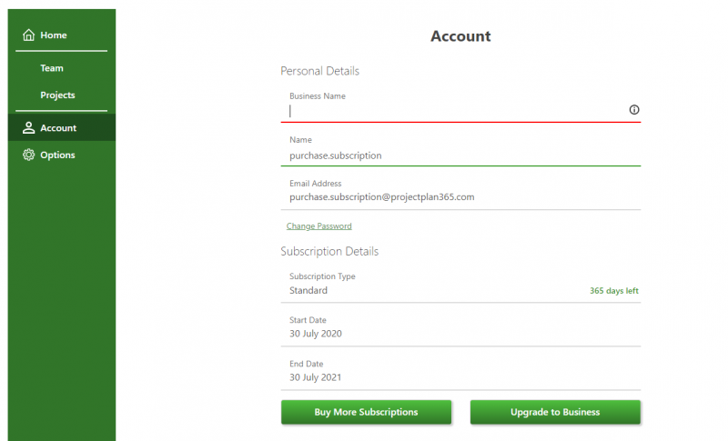 Purchase Business Subscription – Project Plan 365
