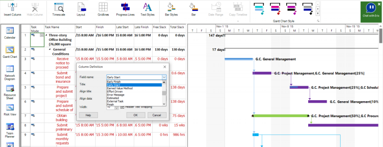 Early Start and Early Finish fields calculation - Project Plan 365