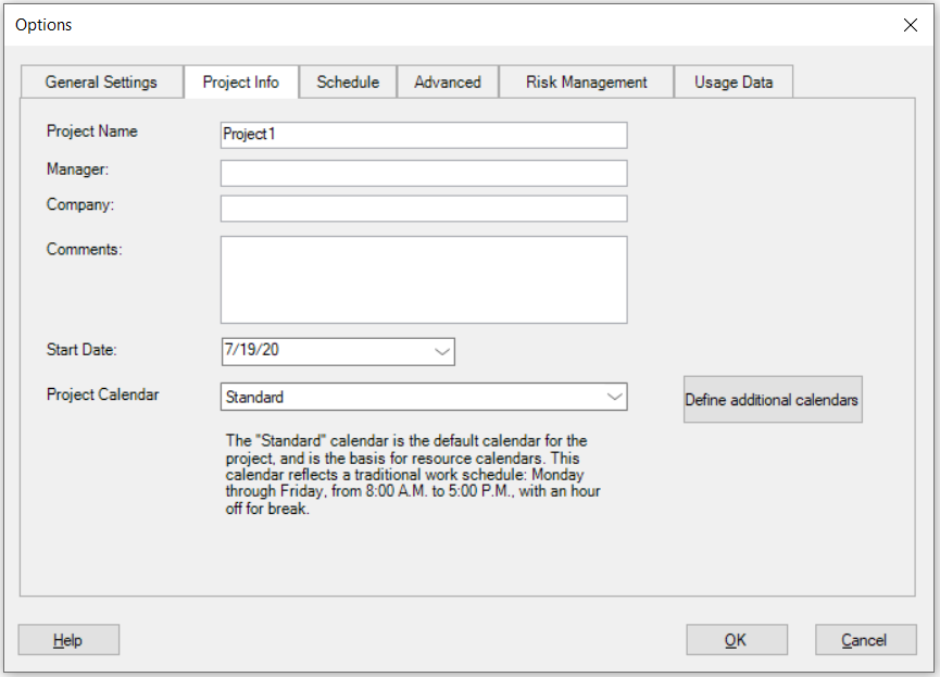 Options dialog – Project Plan 365