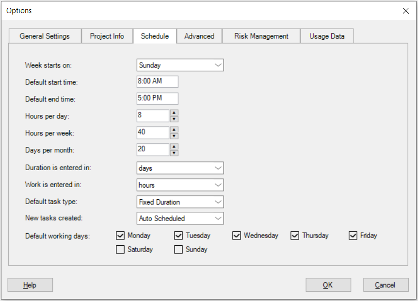 Options dialog – Project Plan 365