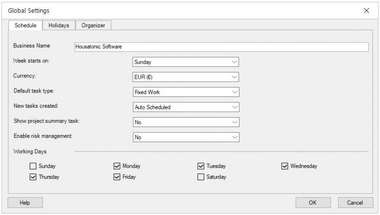 Global Settings – Project Plan 365