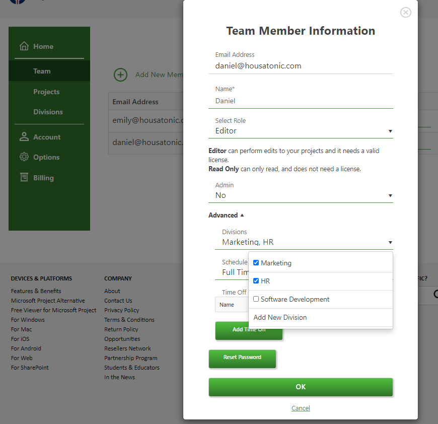 Manage Divisions – Project Plan 365