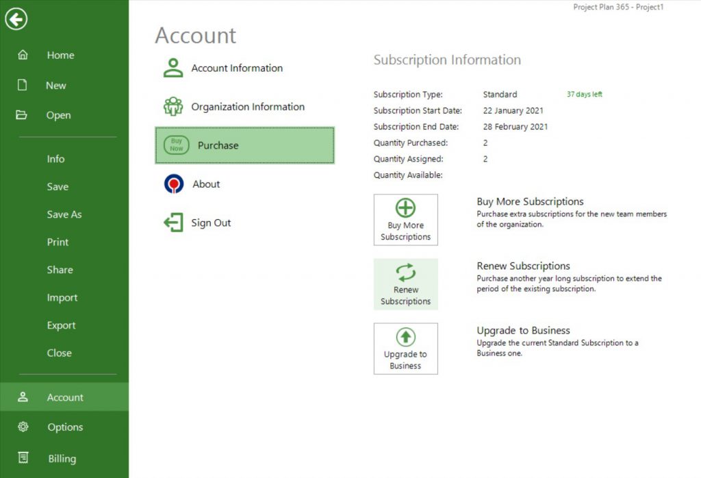 Renew Standard Subscription – Project Plan 365