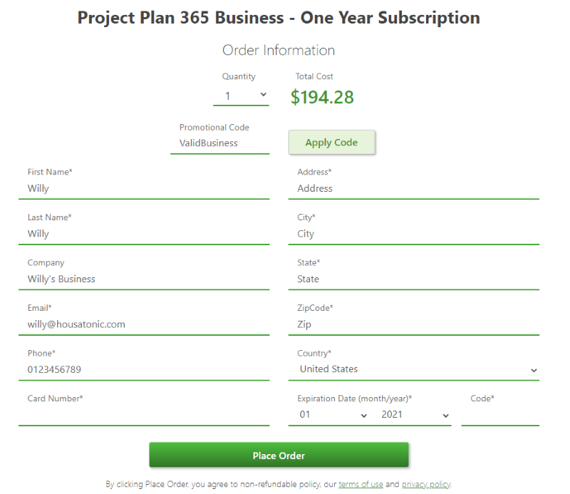 Purchase Business Subscription – Project Plan 365