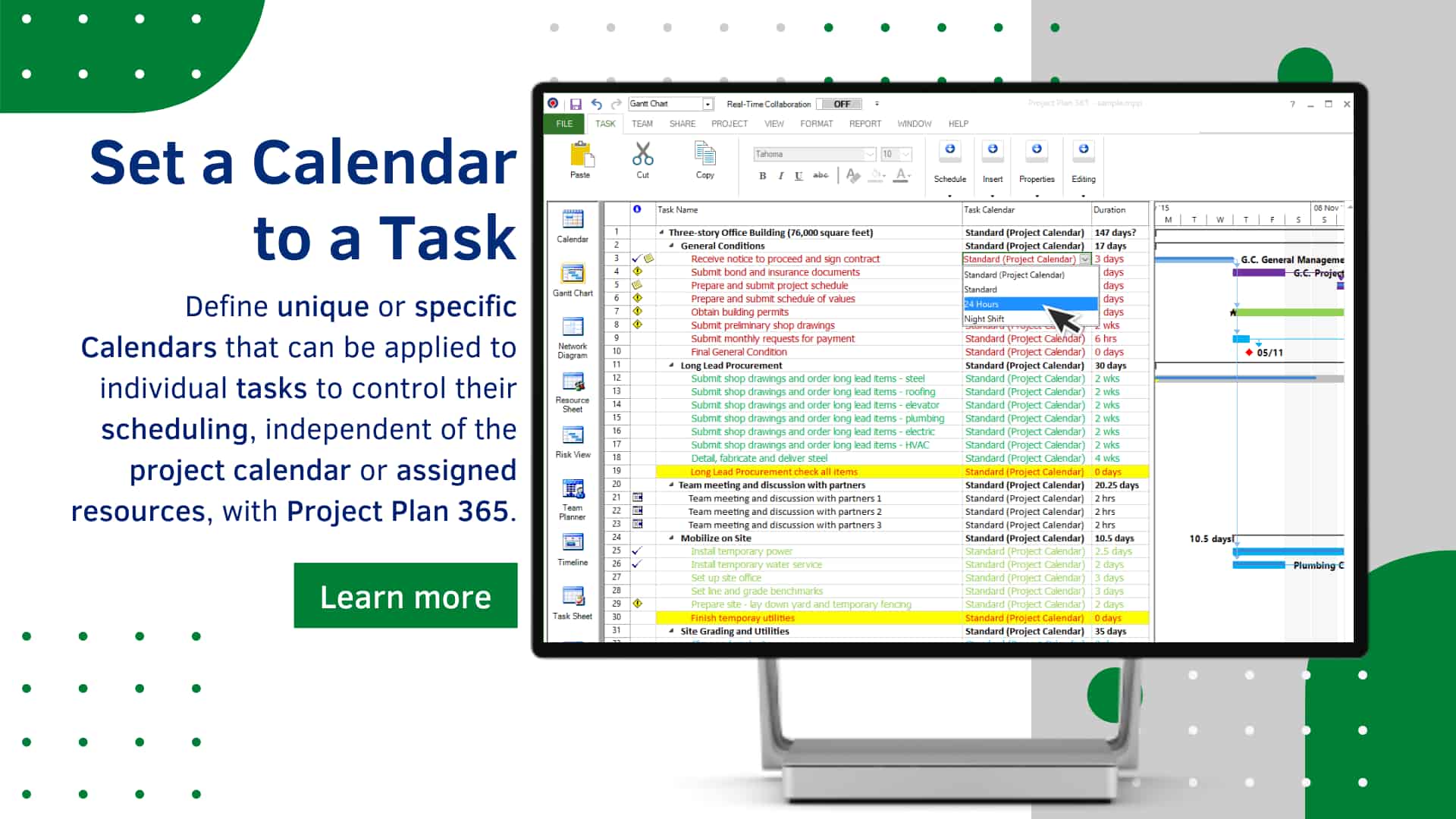 Set a calendar to a task - Project Plan 365