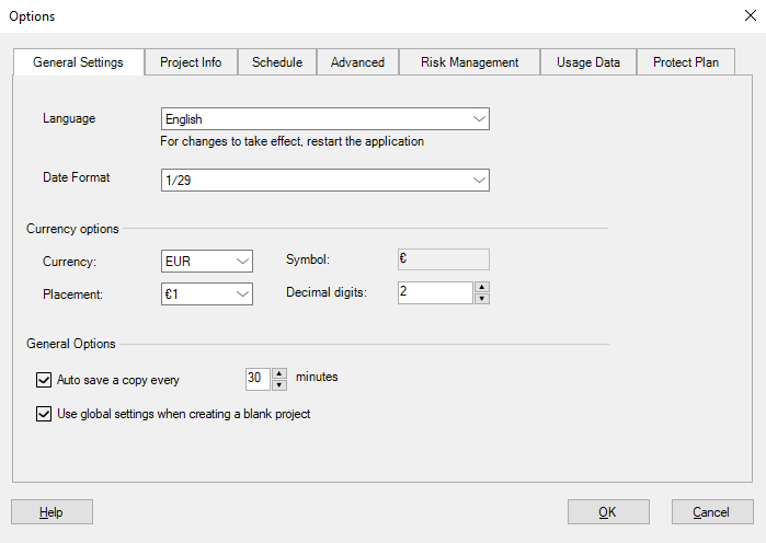 Options dialog – Project Plan 365