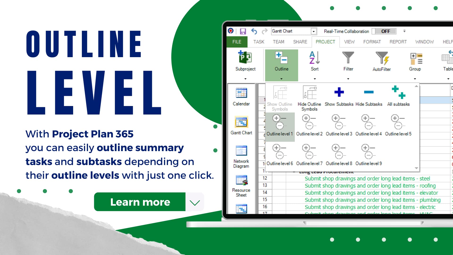 View Outline Levels - Project Plan 365