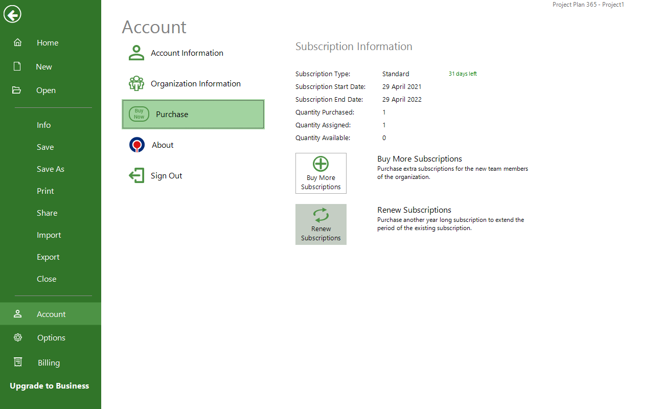 Renew Standard Subscription - Project Plan 365