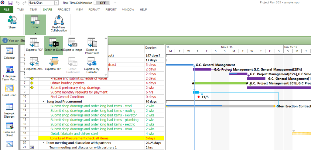 Export to Excel (CSV) – Project Plan 365