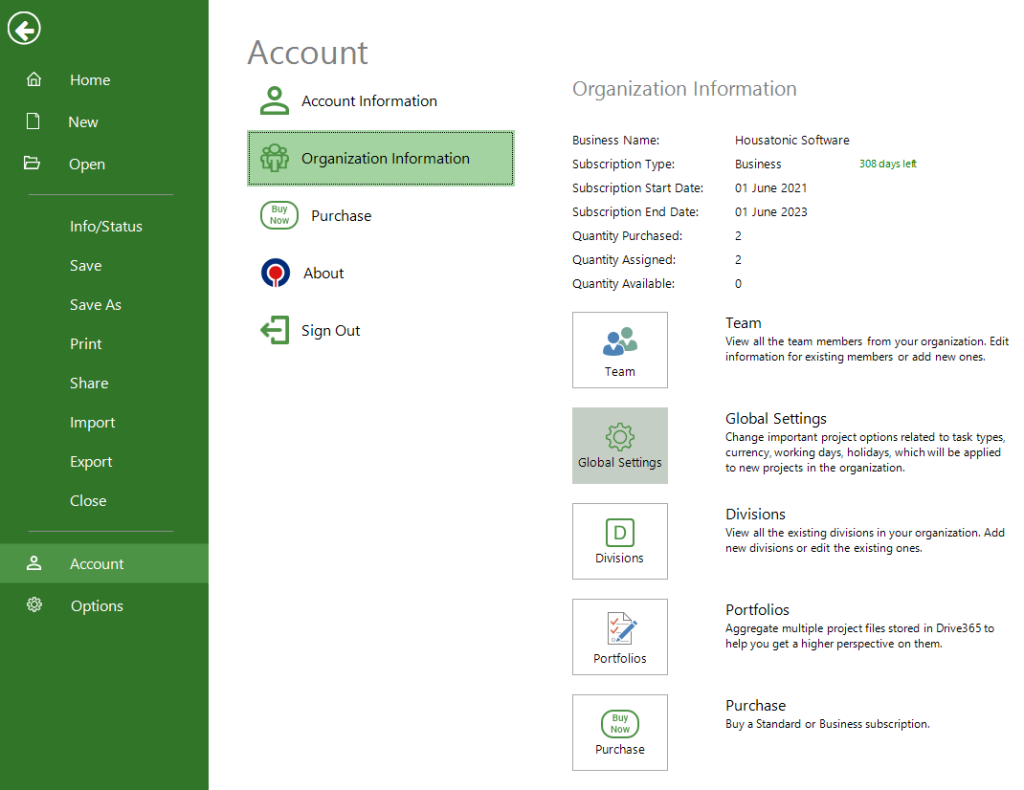 Global Settings - Project Plan 365