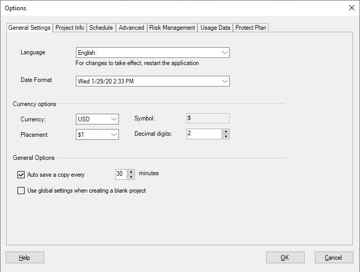 Options dialog – Project Plan 365
