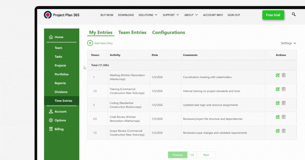 Time Entries - Project Plan 365